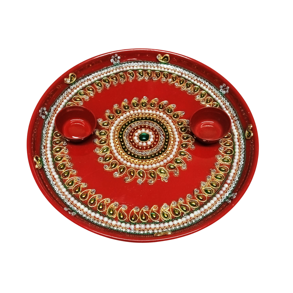 Puja Thali - Red Stainless Steel - Mango Design - Got A Lot